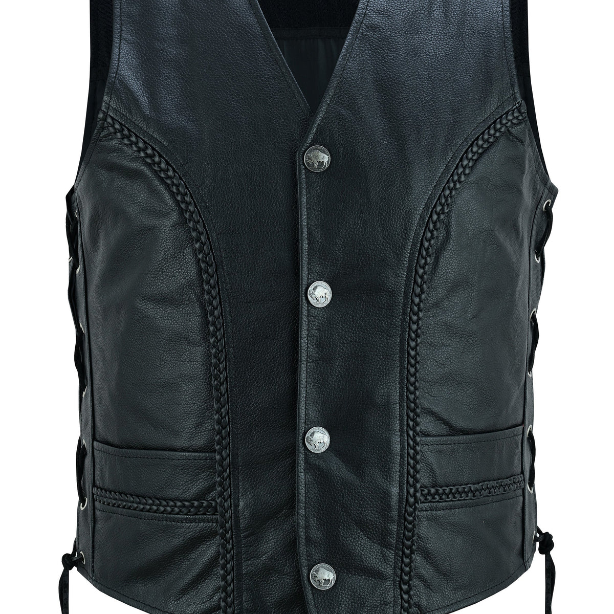 Charlie Men's Black Braided Leather Motorcycle Vest & Lace-Up Sides ...