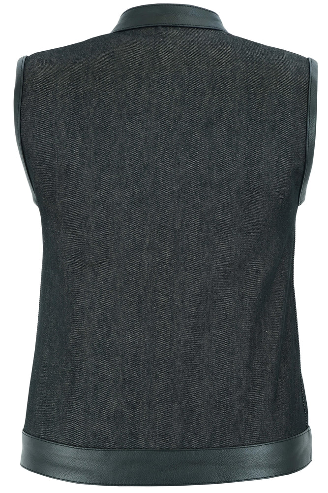 DM Women's Rough Rub-Off Raw Finish Denim Vest W/Leather Trim ...